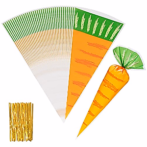 ISKYBOB 100 Sheets Carrot Shape Candy Bag Easter Bunny Plastic Cone Cellophane Rabbit Treat Triangle Pouch Gift Wrapper with Twist Ties for Birthday Party, Baby Shower, Easter Decor