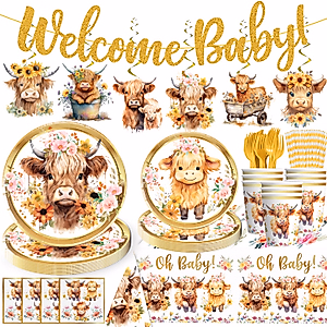 Yingoto 148pcs Brown Cow Baby Shower Decorations Tableware Set for 20 Guests, Cowboy Cowgirl Baby Shower includes Brown Cow glitter Banner Hanging Swirls Plates Napkins Cup Fork Straw and Tablecloth
