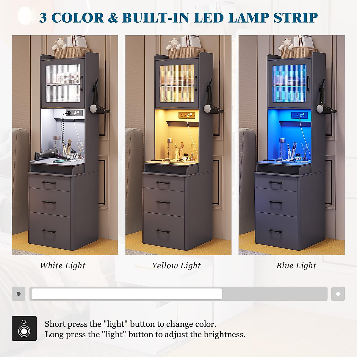 WOOVIVS Small Vanity Desk with Plip-up Mirror and Lights, Makeup Vanity Dresser with Charging Station, LED Vanities Dressing Table Set with Drawers&Stool for Bedroom，Checkroom (Grey,1PCS)