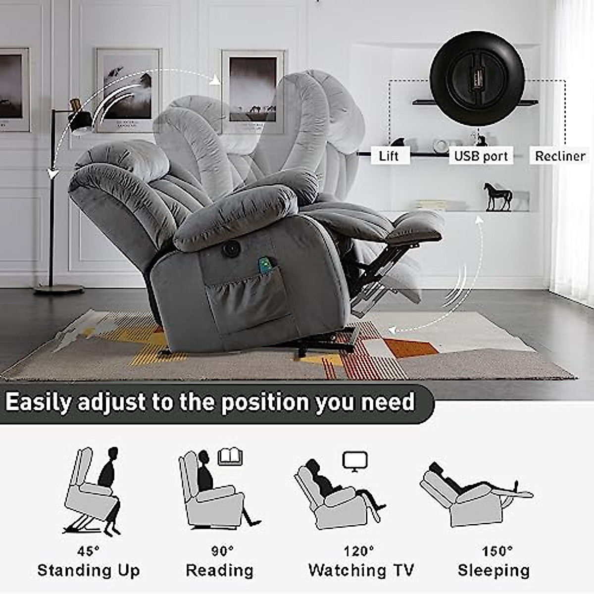 Phoenix Home Overstuffed Power Lift Recliner, Light Grey