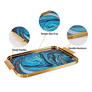 Dalimfun Glass Decorative Tray, Turqoise Marbling Serving Tray with Handles, Rectangular Coffee Table Tray, Decor Tray for Ottoman, Bar, Vanty, Makeup Perfume Organizer, 15.6 X 10 Inch