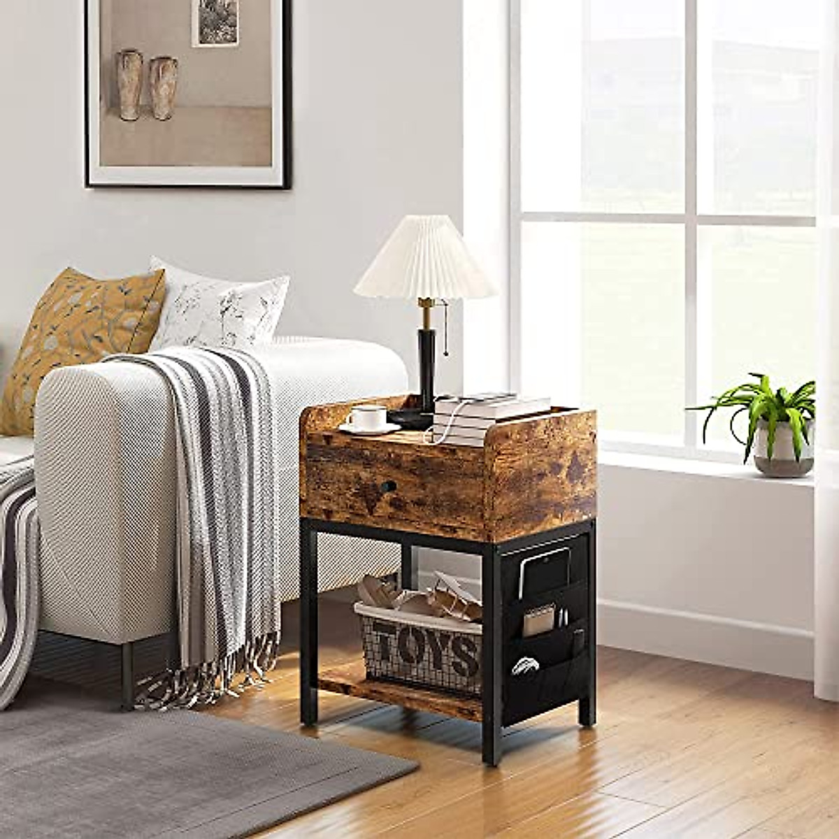 FABATO End Table with Charging Station Nightstands with Drawer and Fabric Bag Storage & USB Ports Narrow Sofa Side Table for Small Spaces with Metal Frame Living Room Bedroom, Rustic Brown