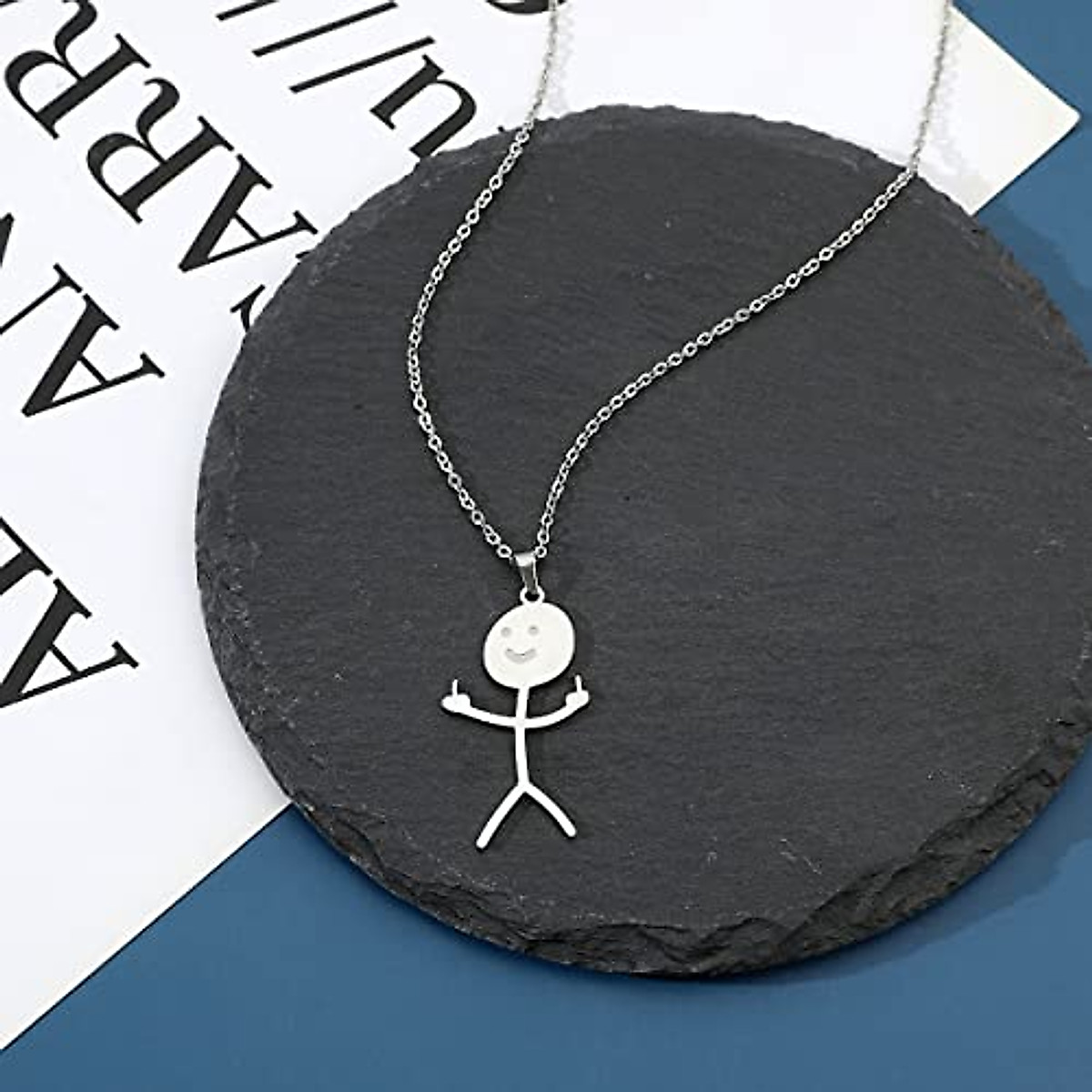 Stainless Steel Funny Doodle Necklace - Personalized Smiley Middle Finger Pendant Necklace, Unique Handmade Necklace Long Distance Friendship Jewelry Gift for Men Women (2pcs Silver)