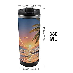 RTFGHJS 13oz Vacuum Insulated Stainless Steel Tumbler with Leakproof Lid Tropical Beach Palm Tree 304 Stainless Steel Travel Mug Wide Mouth Coffee Cup for Hot & Cold Drinks (380ml)