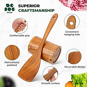 Bkiok Wooden Spoons for Cooking, Teak Wooden Utensil Set, Handmade Cooking Utensil Set with Spoon Rest and Utensils Holder (9Pcs)