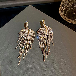 JWICOS Fashion Gold Full Diamond Chandelier Tassel Earrings for Women and Girls Bohemian Rhinestone Fringe Leaves Chain Tassel Drop Dangle Earrings for Wedding Valentine's Day (Gold)
