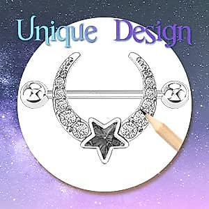 Melighting 14G Nipple Piercing Jewelry, 316L Surgical Steel Barbell with Clear CZ Moon Blue Star, Unisex Piercing Jewelry for Women and Men