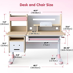 FCD Wood Adjustable Height Kids Study Desk Drafting Table Computer Station Built-in Bookshelf Hutch Multi Function (Pink)
