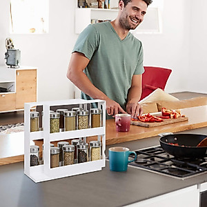 Rotating Spice Rack Plastic Seasoning Spice Jar Rack Storage 2 Tier Pull Out Kitchen Cabinet Organiser Slide Salt Bottle Box Holder Shelf Counter Spice Stand Multi-Function Pantry Door Storage - White