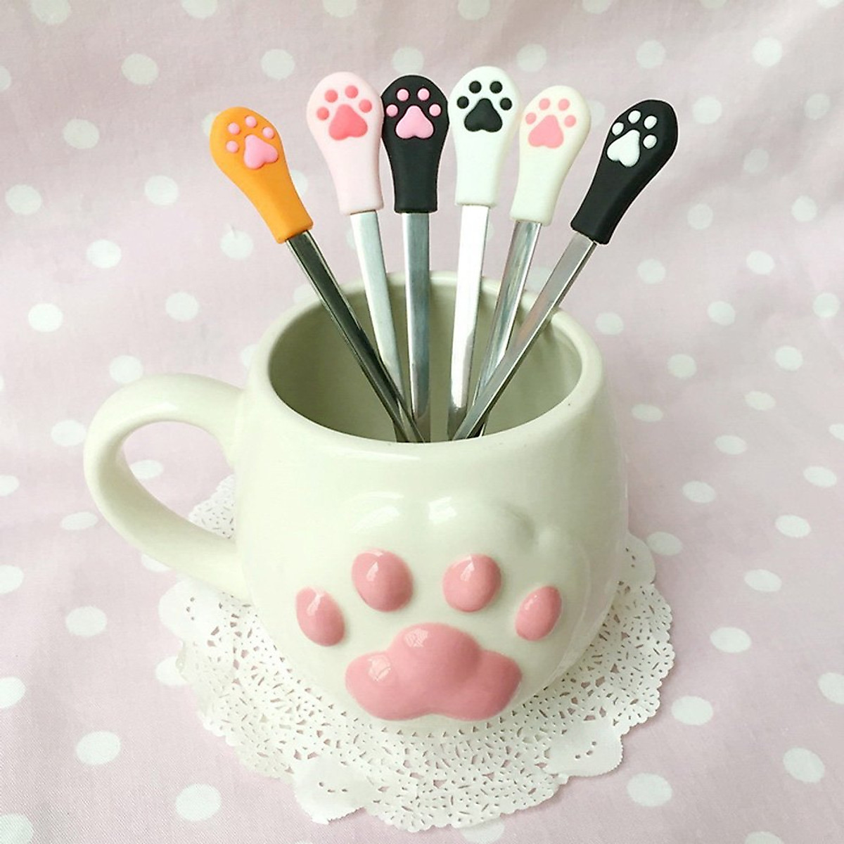 Silicone Head Cat Paw Design Stainless Steel Coffee/Tea/Dessert/Drink/Mixing/Milkshake Spoon Tableware Flatware Gadgets Hanging Spoon Hanging Spoon