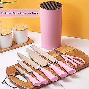 Kitchen Knife Set, Retrosohoo 7-Pieces Pink Non-stick Chef Knife Set with Storage Block, PP Handle Ultra Sharp Stainless Steel Cooking Knives with Gift Box for Girls Women (Pink)