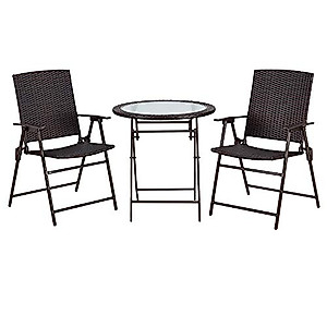 Rimba Outdoor 3 Pieces Wicker Folding Bistro Set, Balcony Table and Chairs Sets, Garden Backyard Furniture