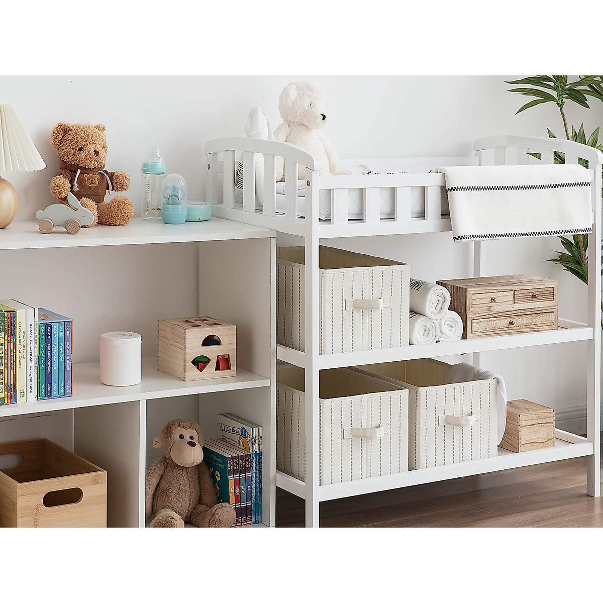 StorageWorks Storage Baskets for Shelves, Fabric Closet Storage Bins with Handles, Rectangle Basket Organizer, White with Grey, Dotted Line, 2-Pack