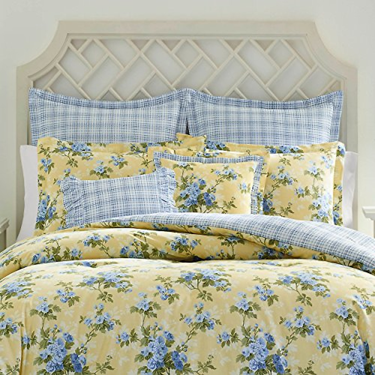 Laura Ashley - Queen Comforter Set, Cotton Reversible Bedding, Includes Matching Shams with Bonus Euro Shams & Throw Pillows (Cassidy Yellow, Queen)