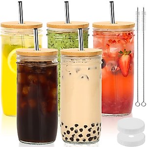 Moretoes 5 Pack 24oz Mason Jar Cups, Glass Cups with Bamboo Lid and Stainless Straw Reusable Boba Bottle Travel Tumbler for Tea Smoothie Juice Coffee