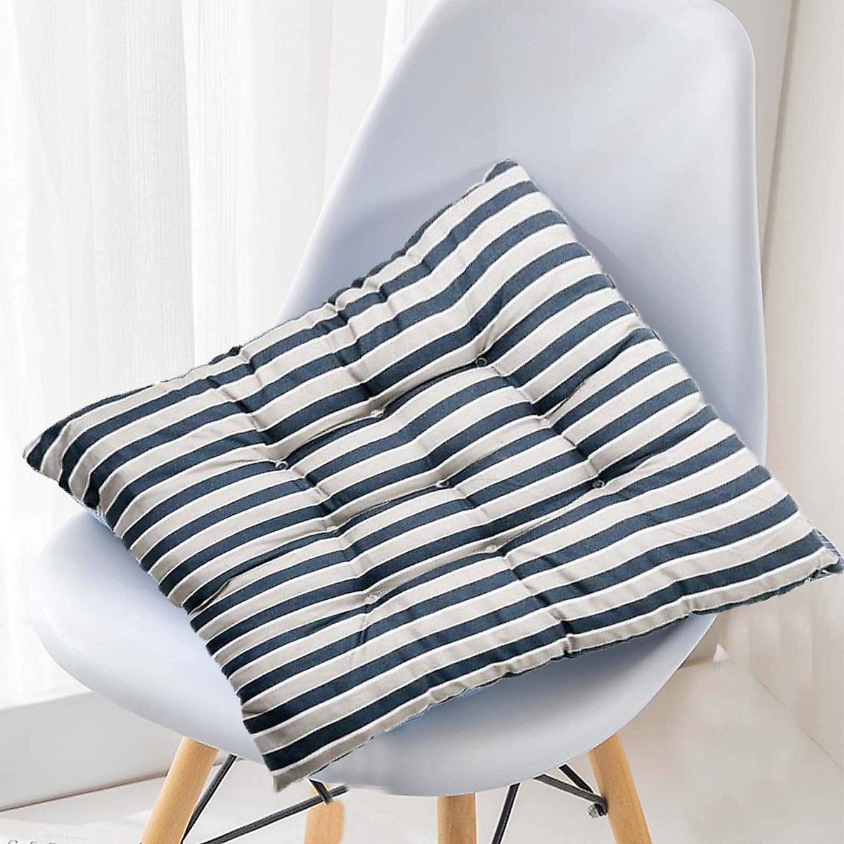Cotton Chair Cushion Blue White Striped Seat Chair Pads Soft Sofa Filled Pillow 15.7" x 15.7" 2 Pack