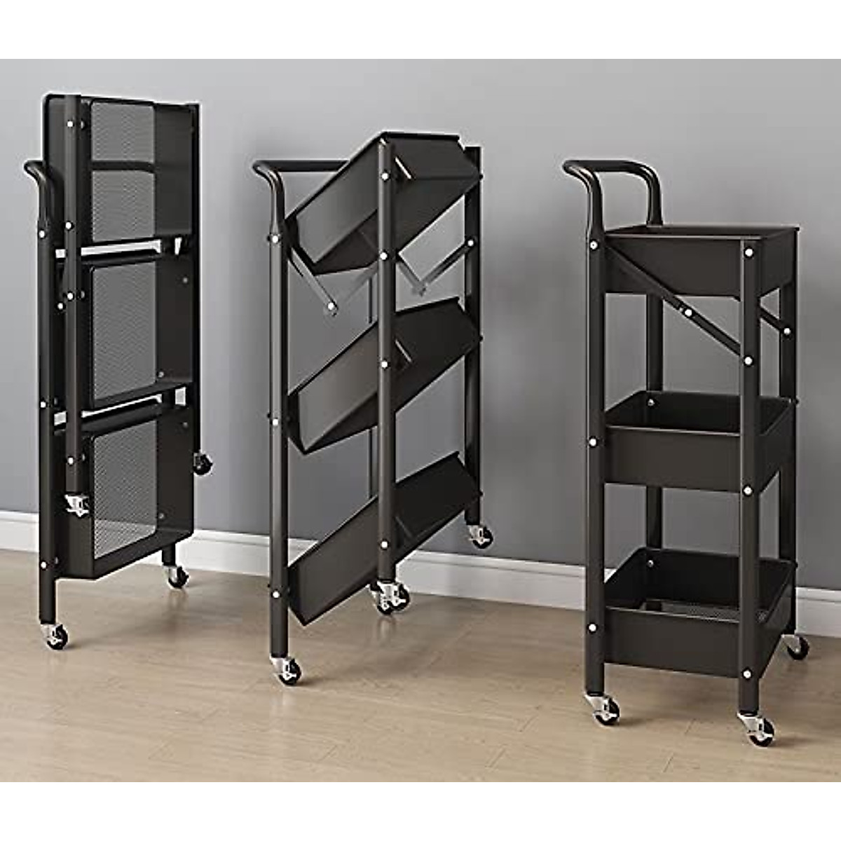 3 Tier Foldable Storage Cart with Wheels Folding Utility Rolling Cart Metal Kitchen Storage Organzier Cart for Classroom, Bedroom, Living Room