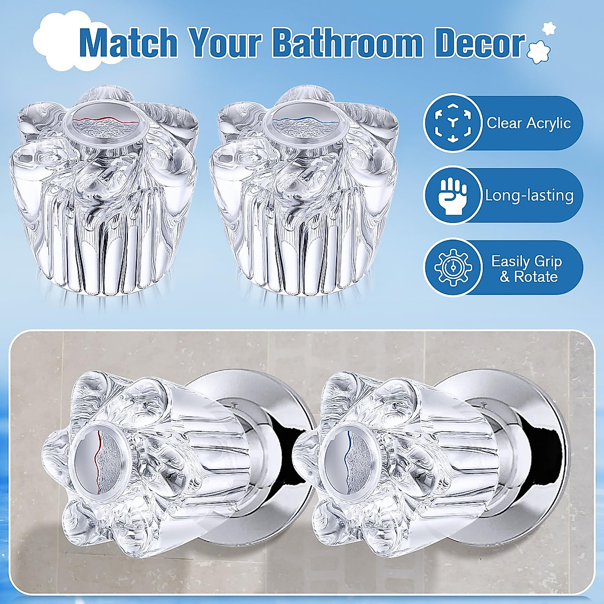 Enhon Shower Knob Replacement, Compatible with Pfister Contessa and Windsor Tub and Shower Faucets, 2 Piece Hot and Cold Faucet Handle Replacement, Newer Style, Clear Acrylic