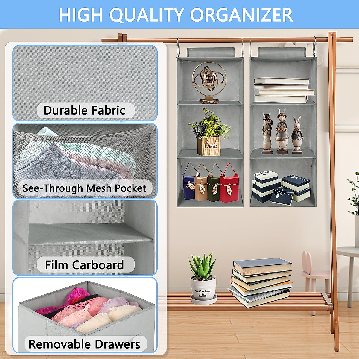 punemi 3-Shelf Hanging Closet Organizer, 2 Pack Closet Hanging Organizer with Drawers, Foldable Hanging Closet Shelves for Rv, Camper, Locker, 22.8" D x 11" W x 11" H, Grey