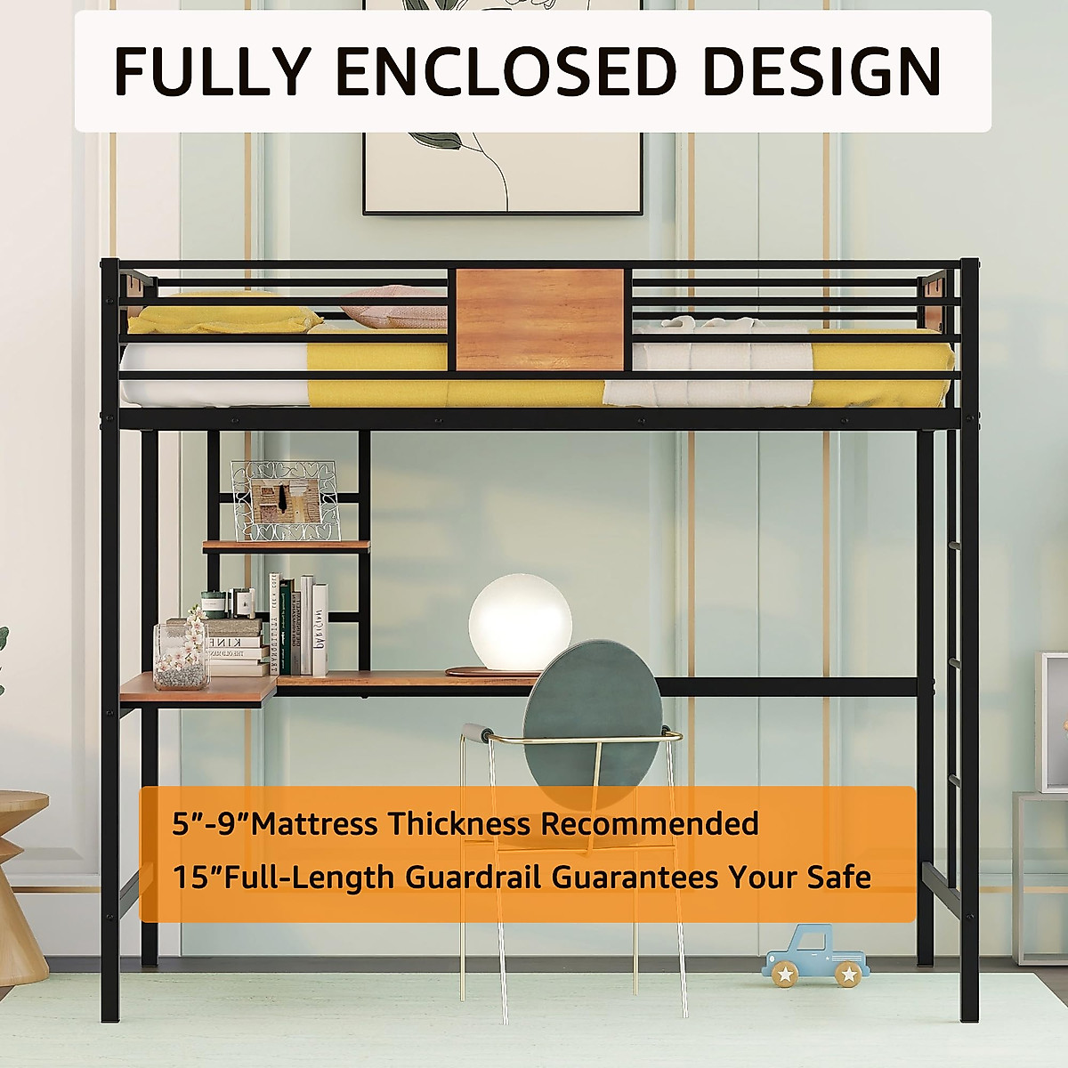 Metal Loft Bed Frame, Twin Size Loft Bed with Desk and Storage Shelves, Metal Bed Frame with Safe Guardrail & Ladder for Kids Teens Adults, Space Saving Loft Bed, No Box Spring Needed (Black 1)