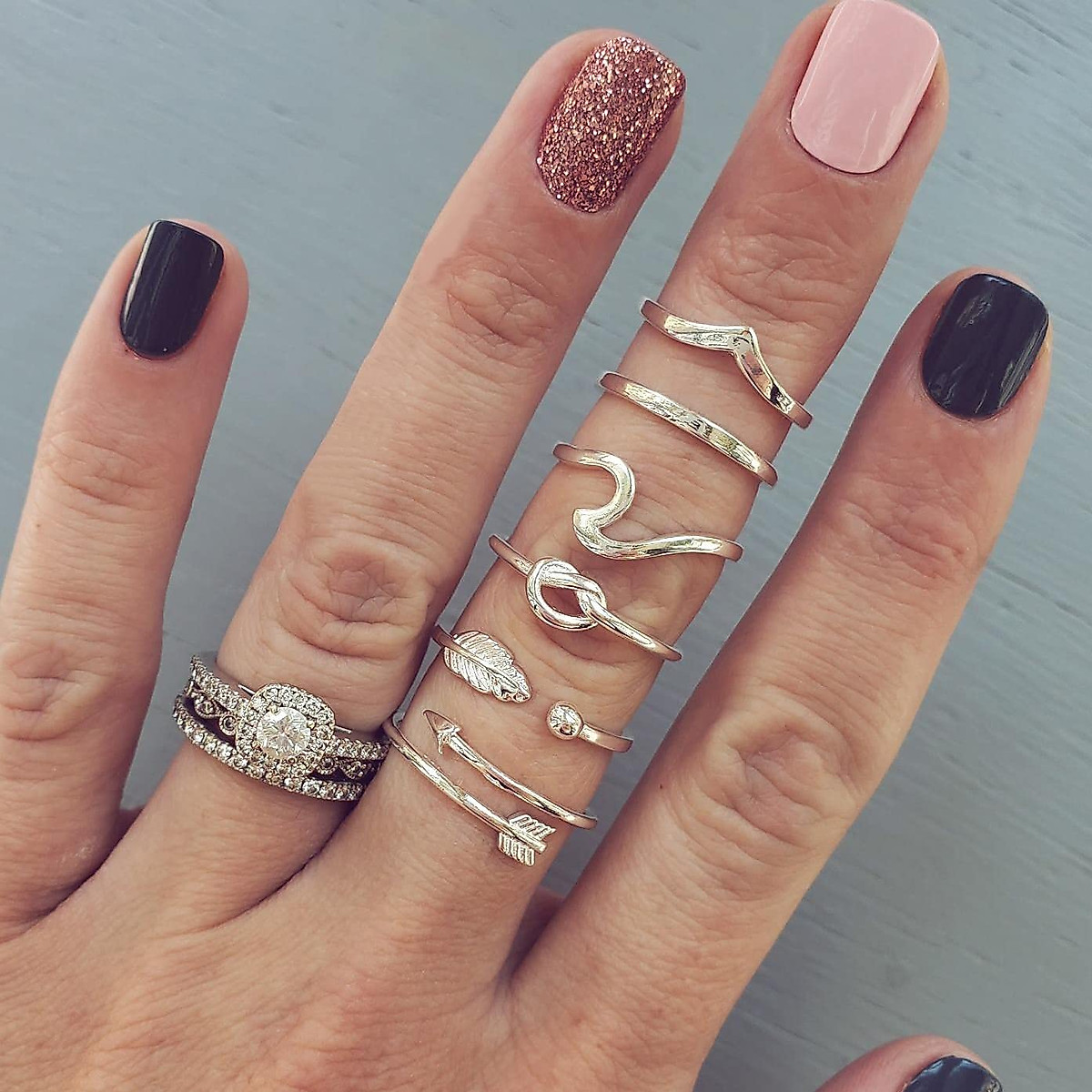 FUNEIA 6PCS Arrow Knot Wave Rings for Women 14K Gold Plated Adjustable Stackable Thumb Open Rings Set