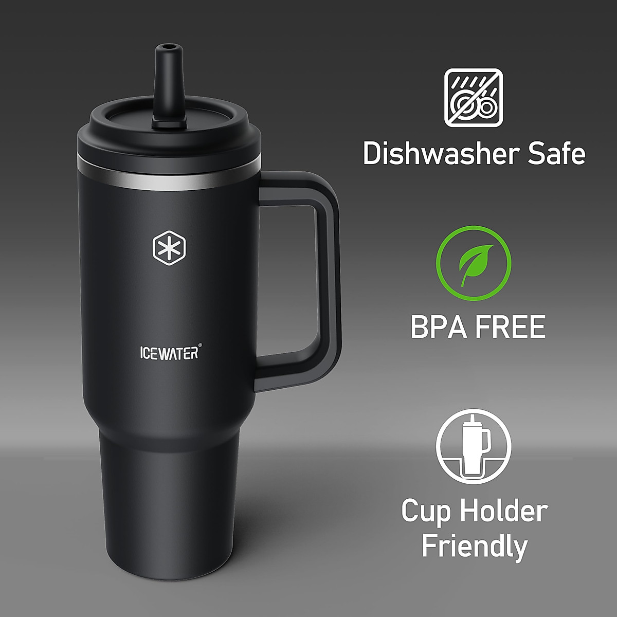 ICEWATER 40 oz Tumbler with 2 Lids (Flip & Standard Straw),100% Leak Proof Insulated Tumbler with Handle, Cup Holder Friendly, Stainless Steel Water Bottle, Gifts for Women & Men (Midnight Black)