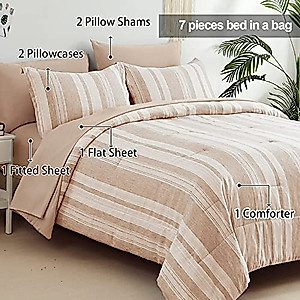 Mybedsoul Khaki Comforter Set Queen Size, Cationic Dyeing Stripes Comforter All Season Bedding Set, Soft Microfiber 7 Pieces Bed in a Bag (2 Pillow Shams, Flat Sheet, Fitted Sheet and 2 Pillowcases)