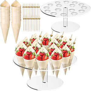 Queekay Clear Acrylic Ice Cream Cone Holder Stand 16 Holes Food Stand with 100 Disposable Wood Cones and 100 Cocktail Picks for Kids Birthday Party Decoration Supplies Wedding Restaurant Catered Event