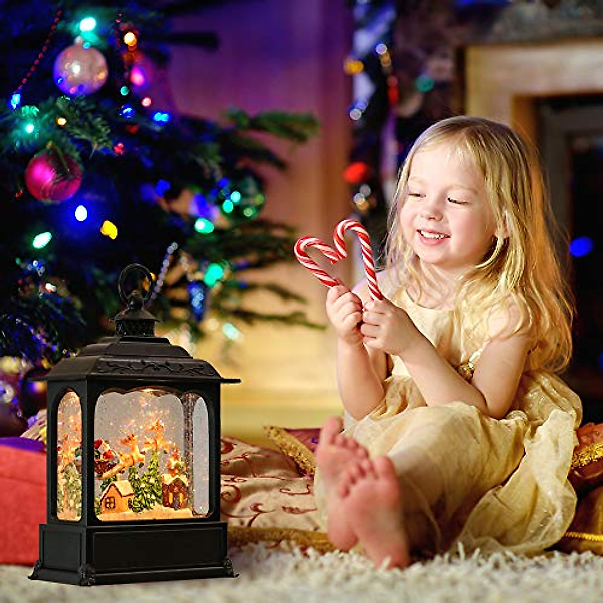 Wondise Christmas Musical Snow Globe Lantern with 6 Hour Timer, 11.2 Inch USB Plug-in & Battery Operated Spinning Water Glitter Lighted Snow Globe Christmas (Santa Claus and Sleigh)