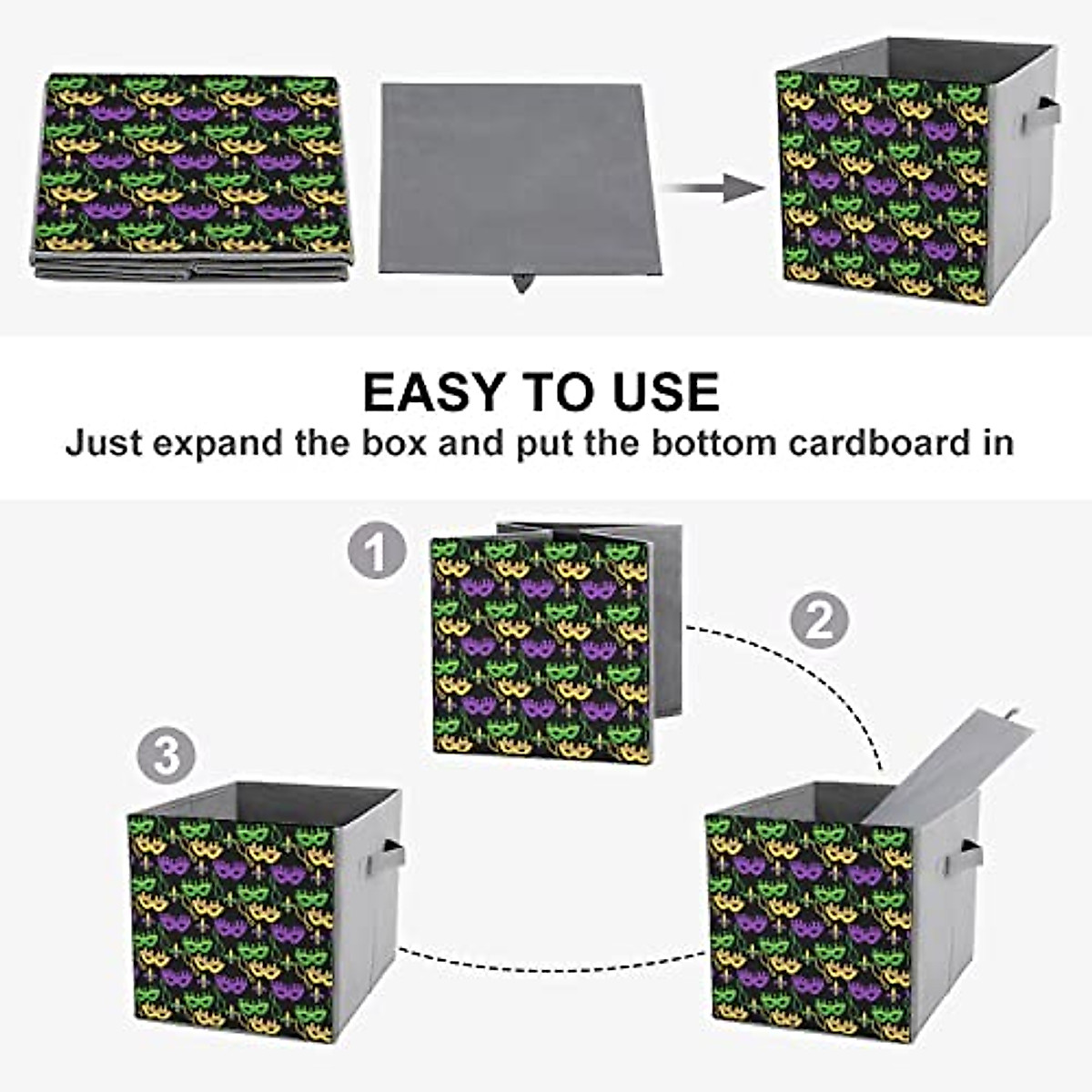 Cute Mardi Gras Pattern Collapsible Storage Bins Basics Folding Fabric Storage Cubes Organizer Boxes with Handles