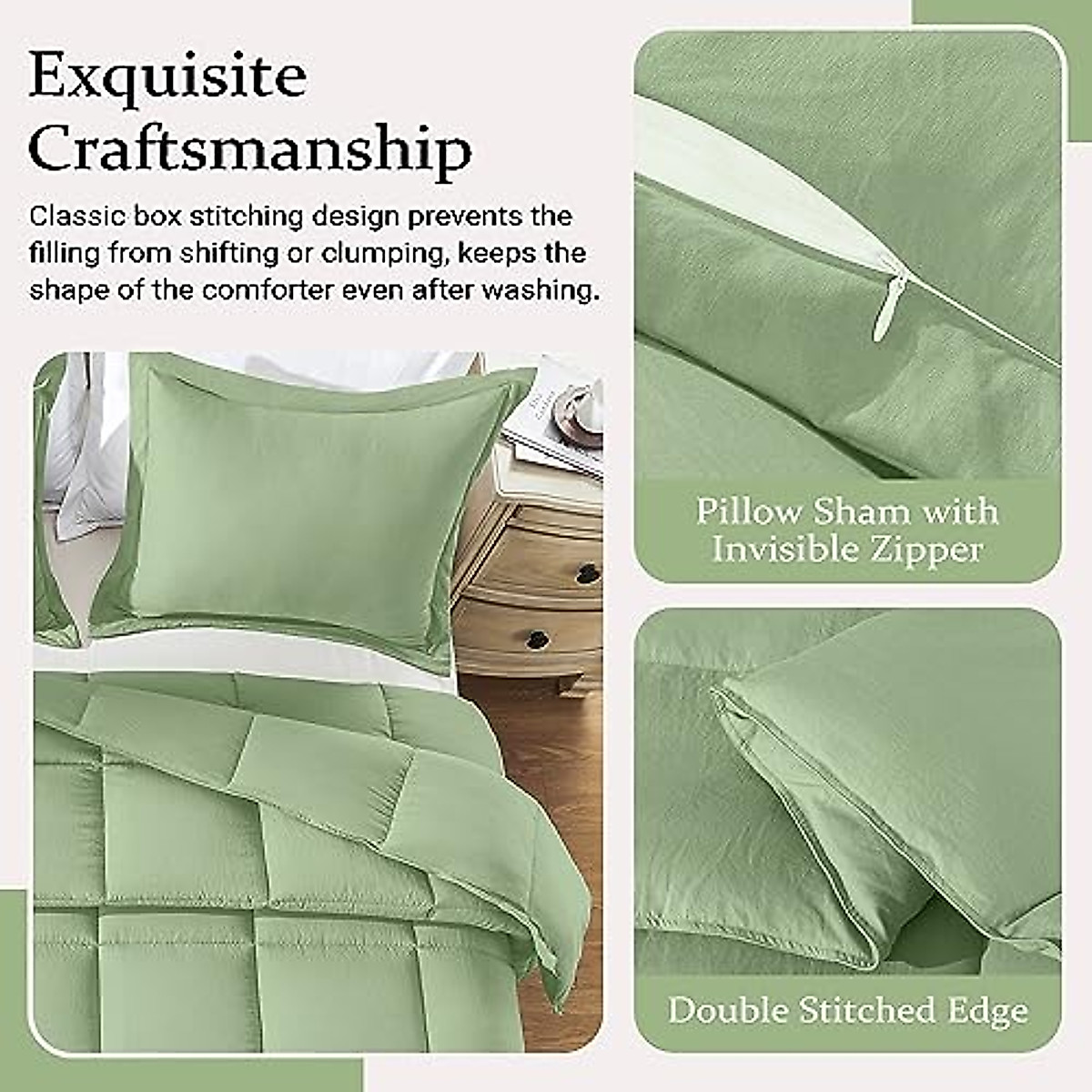 Wellsin Sage Green Comforter Set - Twin/Twin XL (66"x92") - 2 PCS All Season Soft Down Alternative Comforter & Pillow Sham for Girls/Boys/Adults