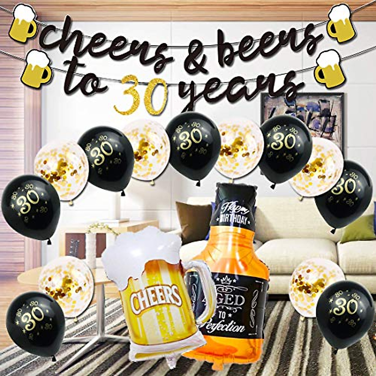 30th Birthday Decorations for Him, 30 Years Birthday Decorations with 40 Inch Gold Number Balloons, Banner, 30 Sign Latex Balloon, Fringe Curtains and Cups Foil Balloons