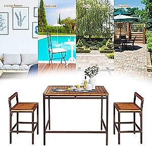 HAPPYGRILL 3-Pieces Outdoor Wicker Rattan Bar Set, Acacia Wood Patio Dining Furniture Set with 2 Chairs for Poolside Backyard Patio Balcony