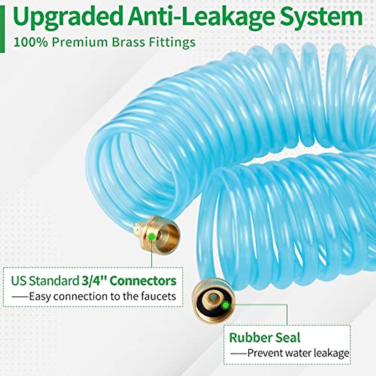 Yereen Coil Garden Hose 25FT, EVA Recoil Garden Hose, Transparent Self-coiling Water Hose with 3/4" Brass Connector Fittings with 10 Function Spray Nozzle, Blue