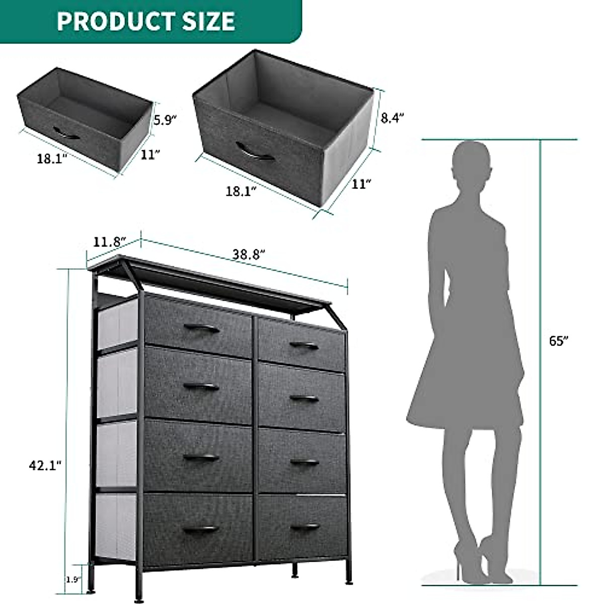 YITAHOME Fabric Dresser with 8 Drawers, Furniture Storage Tower Cabinet, Organizer for Bedroom, Living Room, Hallway, Closet, Sturdy Steel Frame, Wooden Top, Easy Pull Fabric Bins