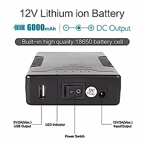 Talentcell Rechargeable 12V 6000mAh/5V 12000mAh DC Output Lithium ion Battery Pack for LED Strip and CCTV Camera, Portable Li-ion Power Bank with Charger, Black