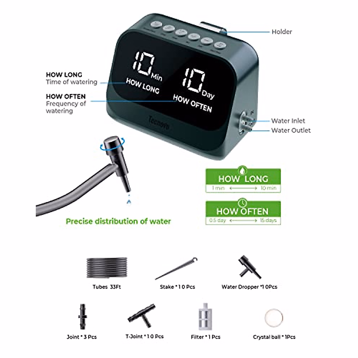 Tecnovo Automatic Watering System for Potted Plants, DIY Drip Irrigation Kit with Smart Timer, Waterproof LED Display & Large Capacity Battery, Precise Distribution of Water