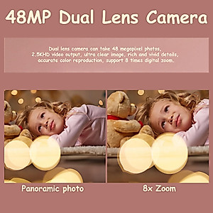 Compact Cute Dual Lens Digital Camera, 2.5K HD Selfie Camera with 8X Zoom for Students (Pink)