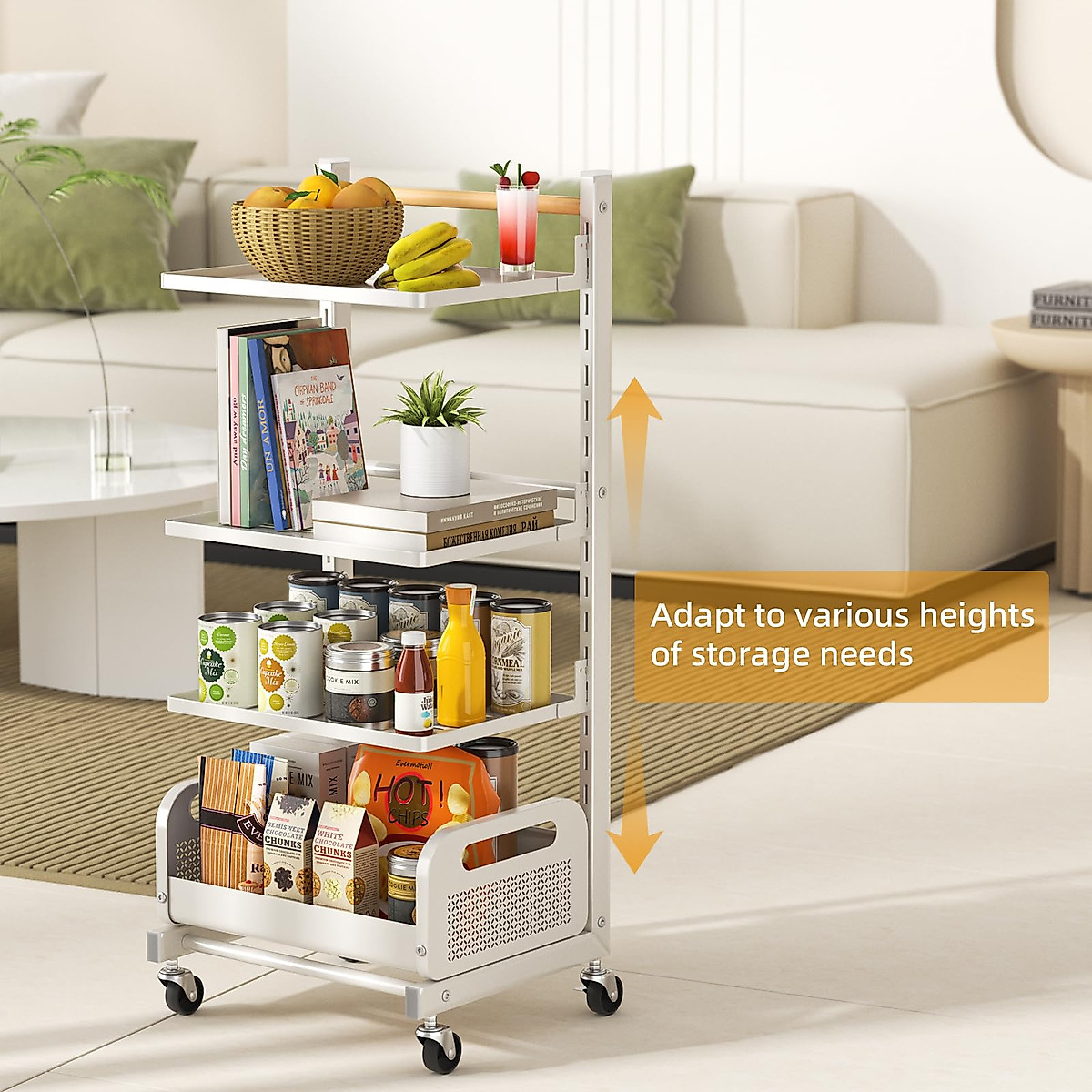 Aratan 4 Tier Rolling Cart, Metal Utility Cart on Wheels, Detachable Small Kitchen Cart Storage Organizer Cart with Wooden Handle for Home, Office and Classroom