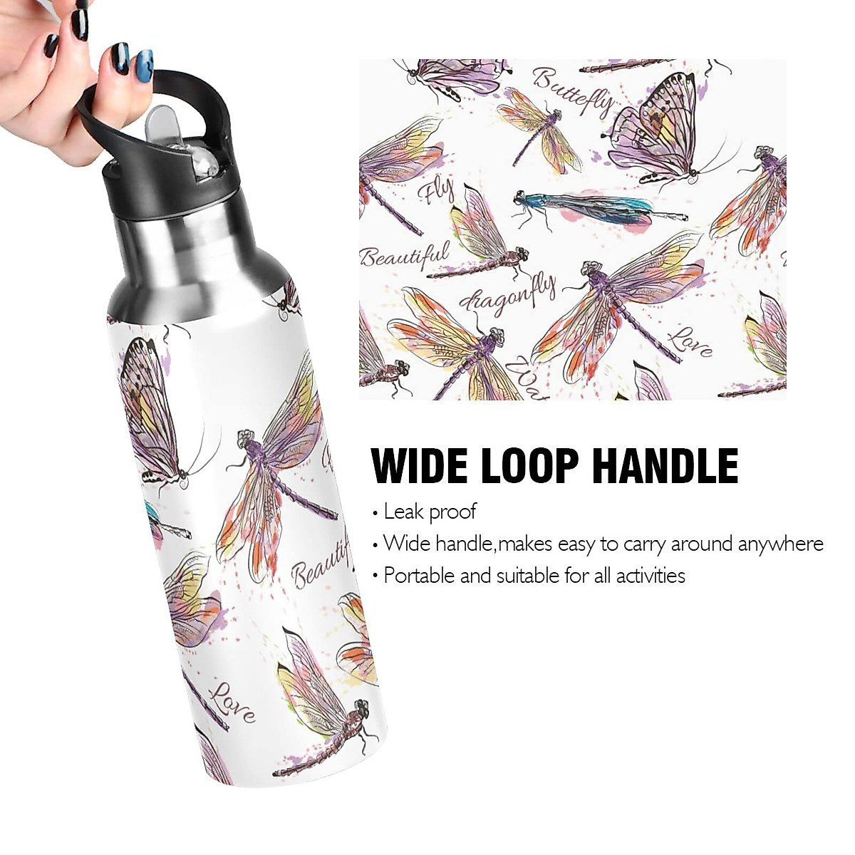 GOODOLD Insect Dragonfly Stainless Steel Water Bottle, 32oz Vacuum Insulated Sports Water Bottle with Straw Lid, BPA Free, Leakproof, Double Walled, Perfect for Gym and Outdoor