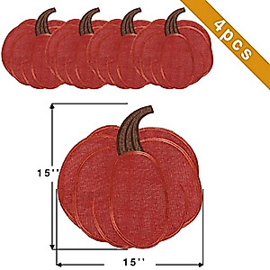 OWENIE Fall Placemats Set of 4, Embroidered Harvest Pumpkins Placemats, Thanksgiving Placemats for Autumn Decorations, Boho Farmhouse Table Mats, Halloween Doilies, Red, 15 Inch Diecut