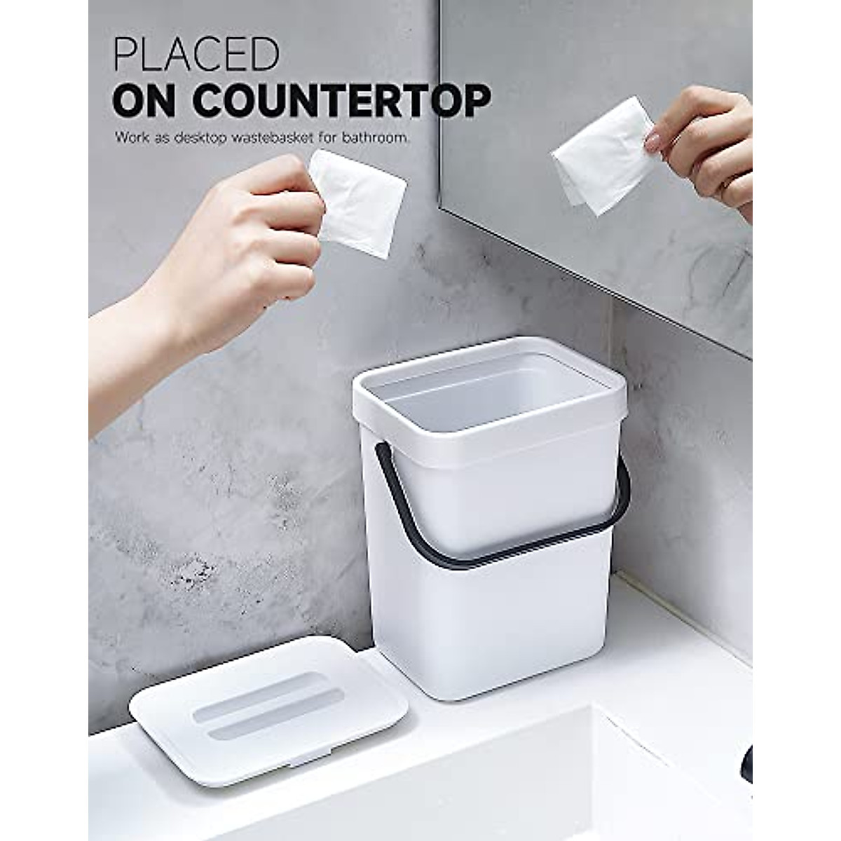 MONGTINGLU Countertop Compost Bin - 1.3 Gallons Hanging Small Trash Can with Lid for Kitchen Bathroom, Under Sink Kitchen Trash Can, Indoor Counter Compost Bucket with Lid, 5L(White)