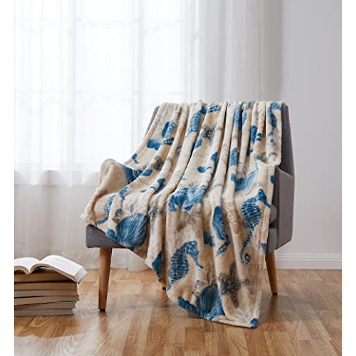 Decorative Ocean Life Coastal Throw Blanket: Soft Plush Velvet Fleece Calming Hues of Blues Beige Tan, Accent for Sofa Couch Chair Bed or Dorm (Ocean Life)