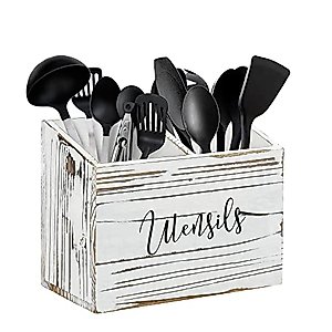 Wood Utensil Caddy for Kitchen Countertop, Utensil Holder with 2 Compartments, Wood utensil Crock for Kitchen Counter, Kitchen Utensil Organizer for Countertop, Rustic White