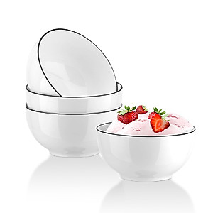 YOLIFE 10 oz Dessert Bowls Set, Ice Cream Bowls Set of 4, Small Porcelain Cereal Bowls White with Black Trim, Microwave Dishwasher Safe