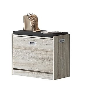 XRESLUCO Modern Shoe Storage Bench 3-Tier Shoe Rack with Padded Seat & Hidden Compartment Shoe Rack, Shoe Organizer for Entryway, Bedroom, Closet & Hallway, Entryway Bathroom (Oak)