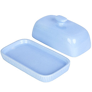 MyGift Sky Blue Ceramic Butter Dish with Lid, Butter Keeper Holder with Raised Sides and Etched Design, Rectangular East Coast Butter Stick Margarine Tray with Cover