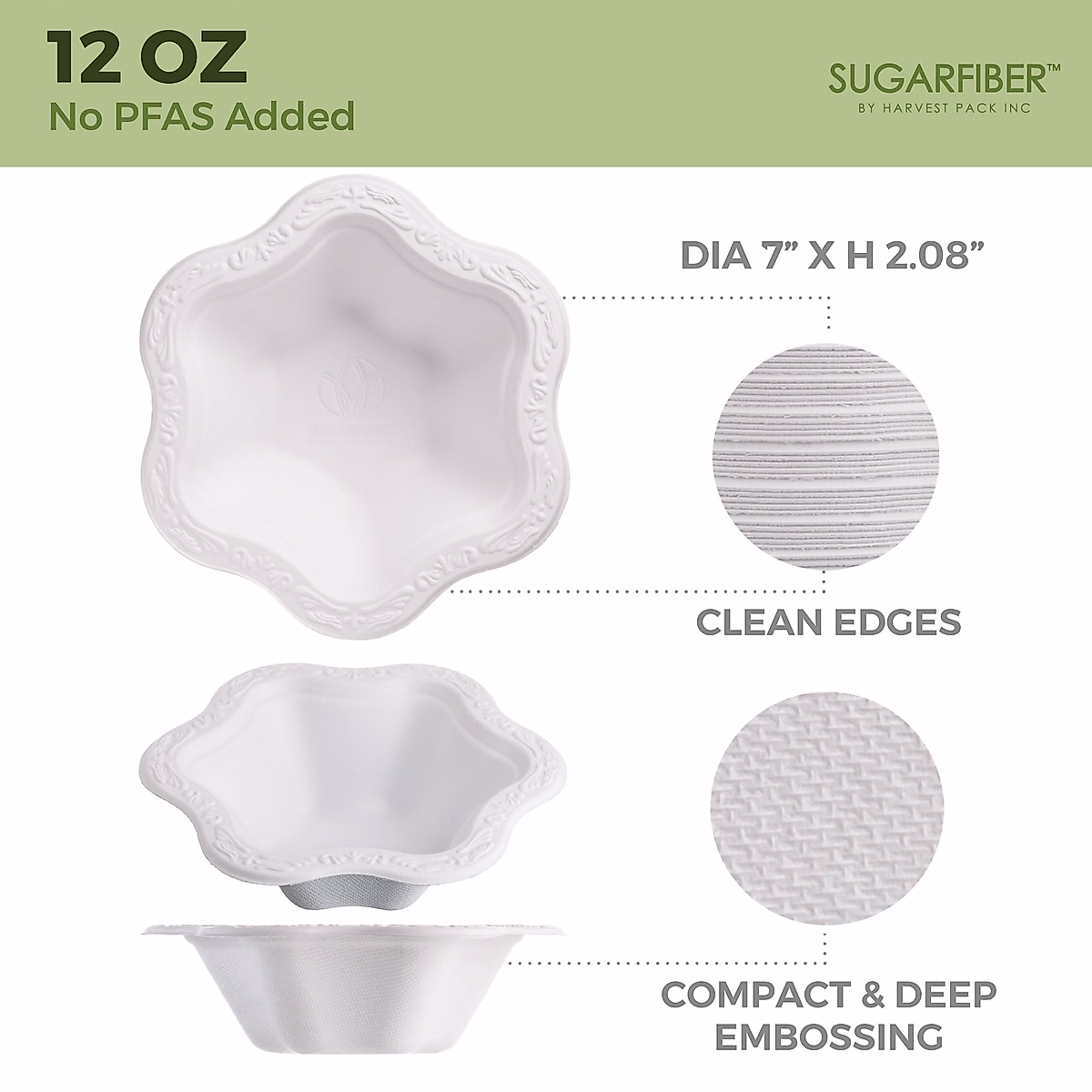 [50 COUNT]12 oz Disposable Floral White Paper Bowls - Acanthus Collection Natural Sugarcane Bamboo Fibers Bagasse Eco Friendly Environmental Plastic ice cream Bowl Elegant Alternative