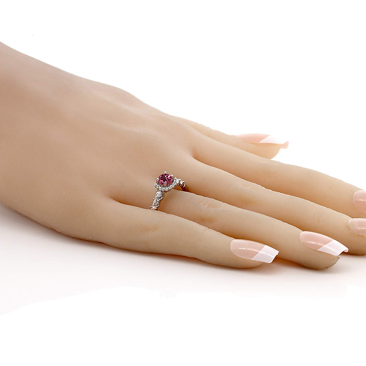Gem Stone King 925 Sterling Silver Pink Tourmaline and White Created Sapphire Ring For Women (0.92 Cttw, Round 5MM, Gemstone Birthstone, Available In Size 5, 6, 7, 8, 9)
