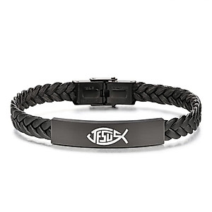 KBNSUIAN Dainty Christian Jesus Fish Ichthys Faith Leather Bracelet, Catholic Christ Lord's Guidance Meditation Bangle for Prayer Baptism Communion Church Birthday, 8.26''